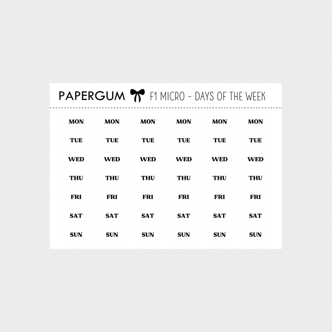 F1 Micro Days of the Week Abbreviated Transparent Micro Stickers ...