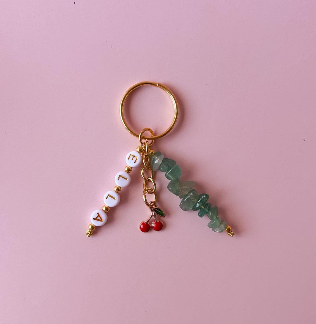 Aventurine Personalised Crystal Keyring With Cherry Charm, Cherry ...