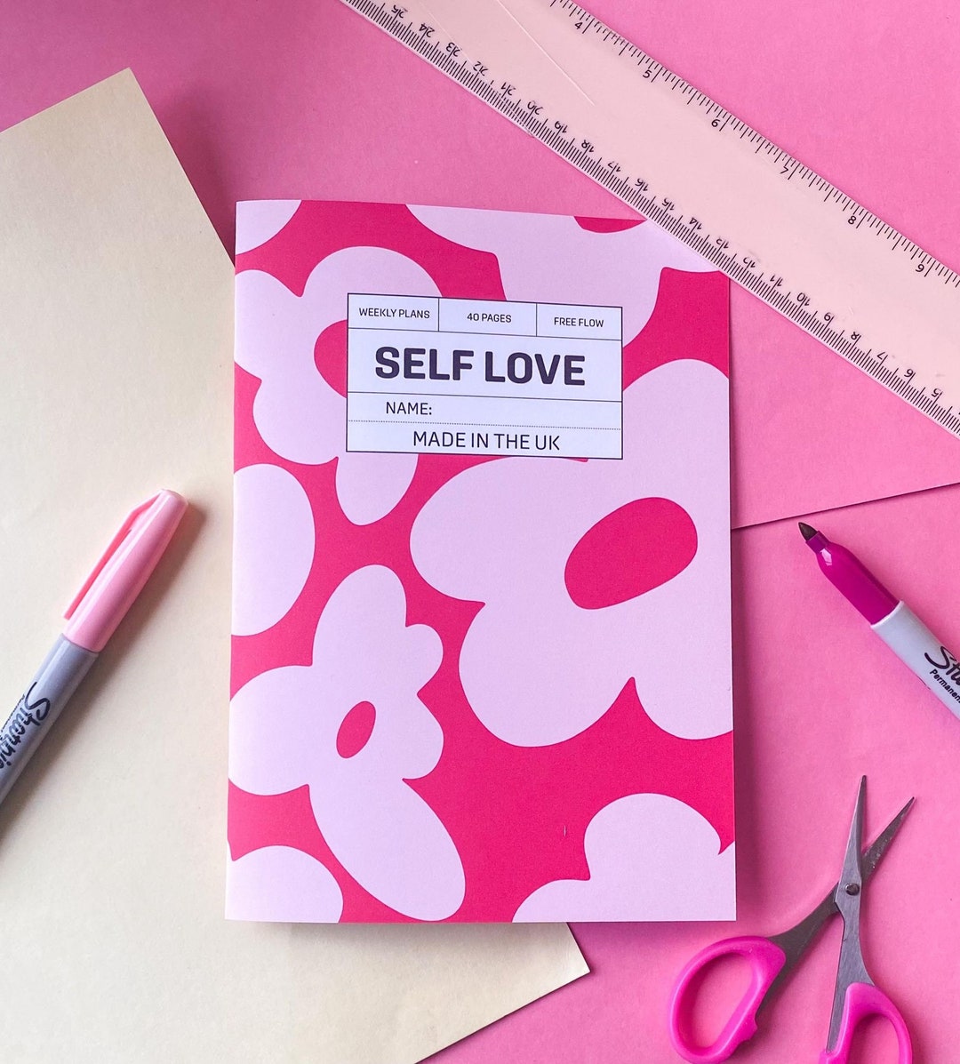 A5 Self Love Journal Red Flowers With Pink Background Weekly Planner ...