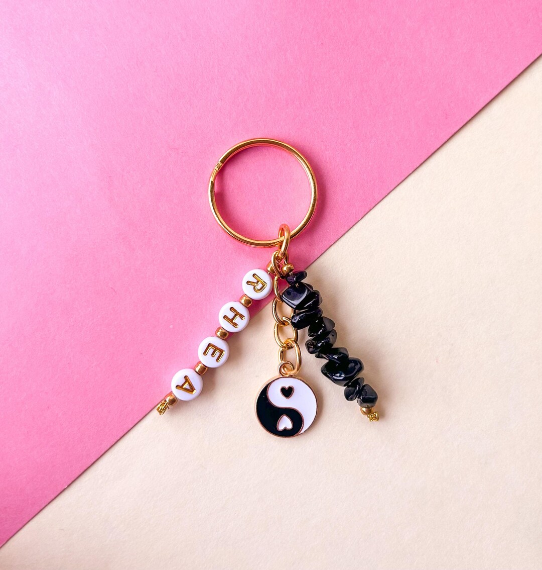 Personalised Crystal Keyring Natural Black Obsidian Ying & Yang Name ...