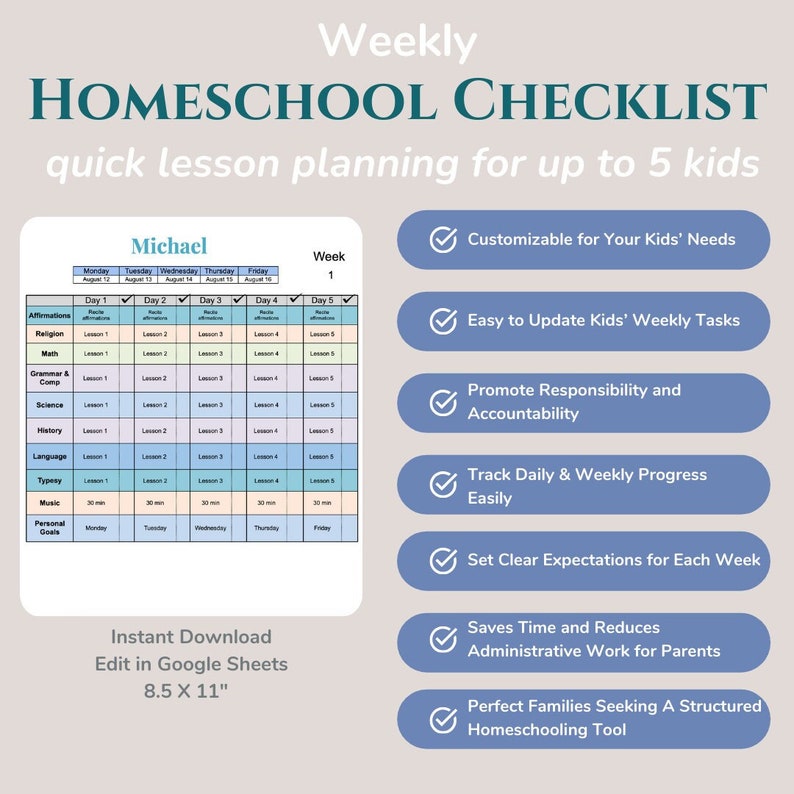 Customizable Homeschool Checklist Template, Editable Weekly Schedule ...