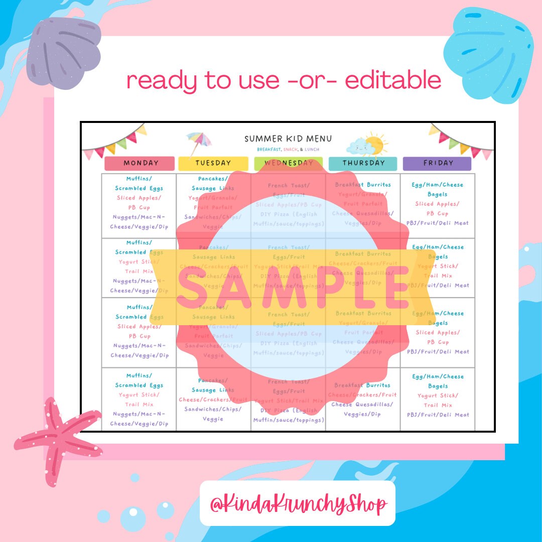 Easy Summer Kid Meal Plan & Shopping List -- Breakfast / Lunch / Snack ...