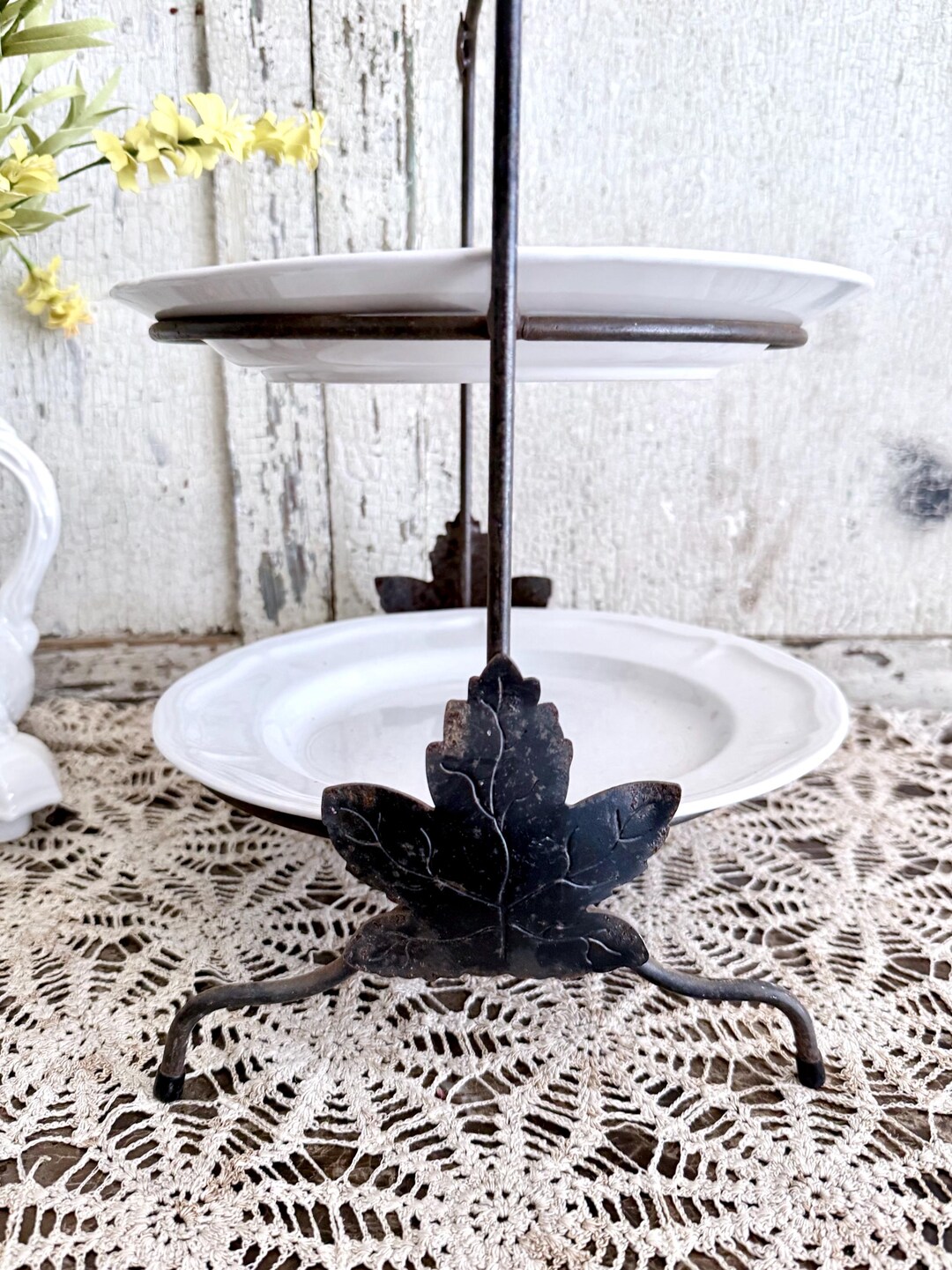 Vintage Iron Two Tier Plate Stand Dessert Pie Stand Leaf Decor ...