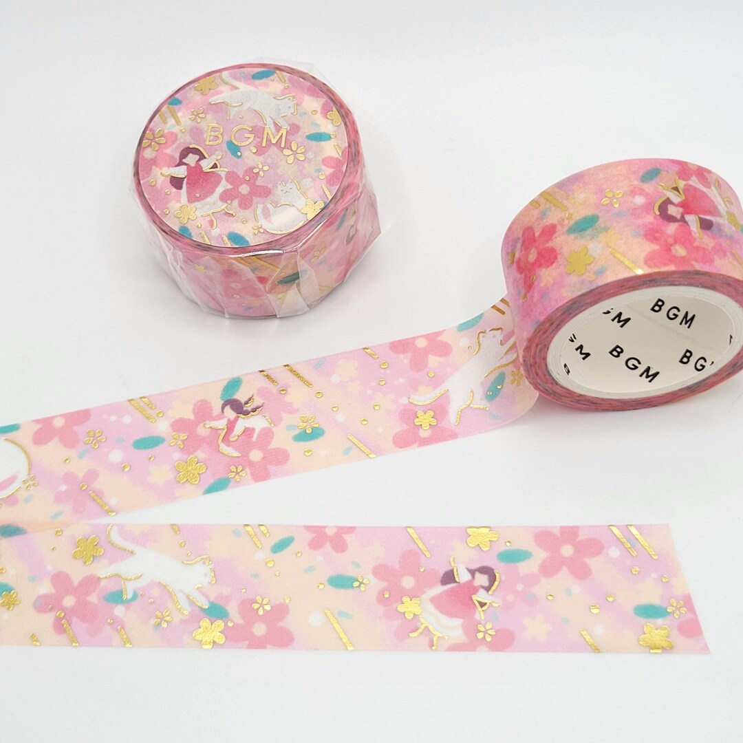 BGM Pink Floral Washi Tape: Girl, Cat & Gold Foil Accents - Etsy