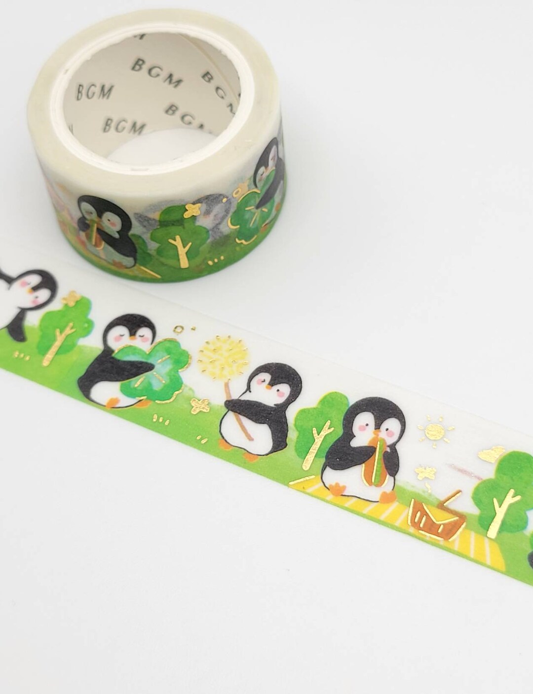 BGM Penguin Picnic Washi Tape / Penguin Washi Tape With Gold - Etsy