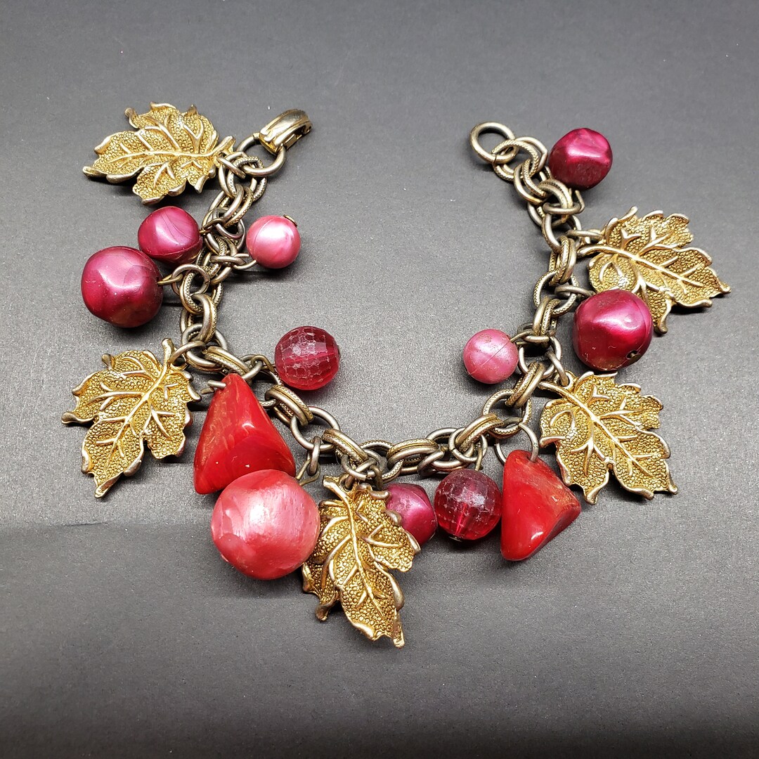 Raspberry Beads and Gold Leaves Vintage Charm Bracelet - Etsy