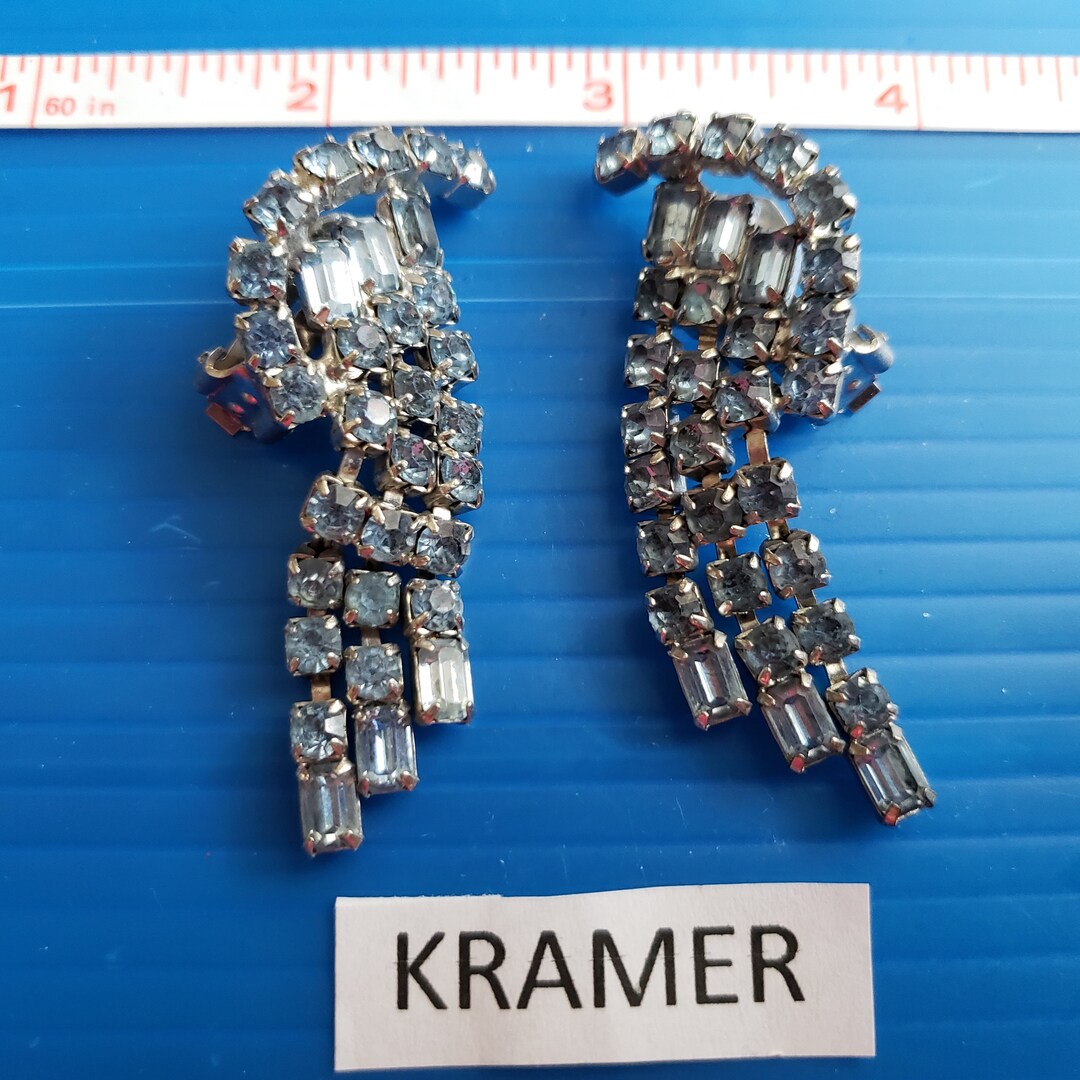 Signed Kramer, Blue Rhinestone Clip Earrings - Etsy