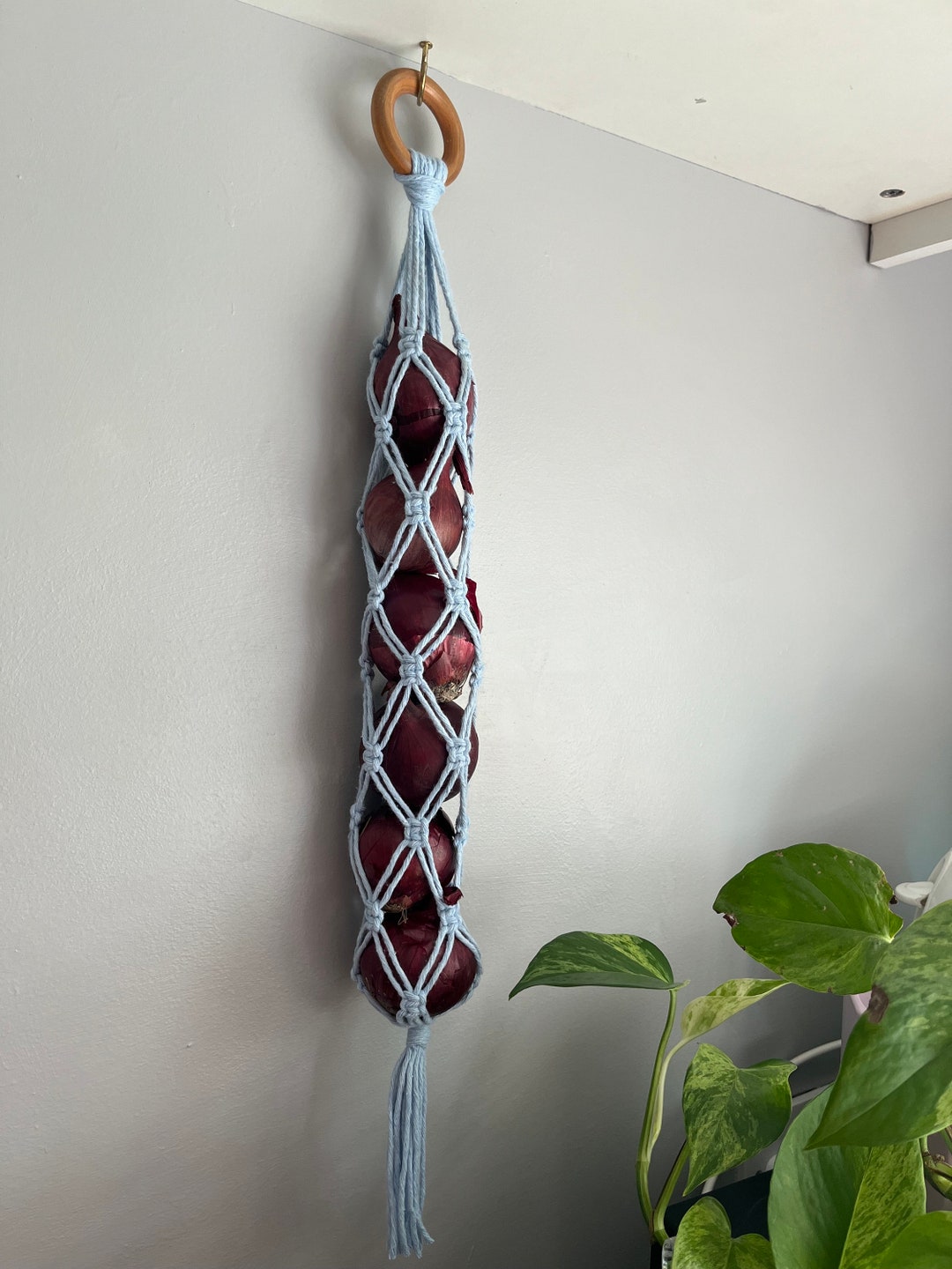 Blue Macrame Food Storage, Vegetable Keeper, Pantry Bag, Farmhouse ...