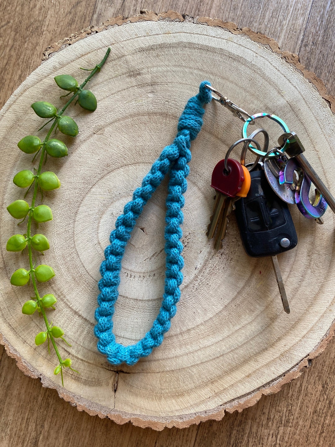 Teal Macrame Wristlet Keychain: Recycled Cotton Keyring - Etsy