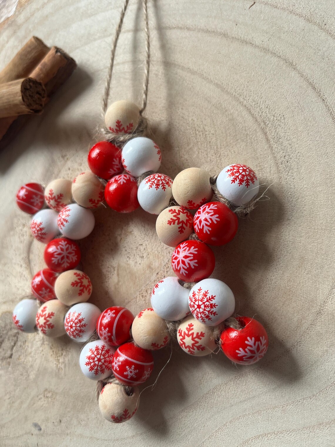 Handmade Christmas Star Ornament | Red & White Snowflake Wooden Beads ...