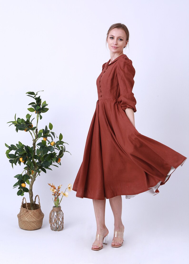 Rust Red Dress, Linen Long Dress, Long Sleeve Dress, Classic Linen ...