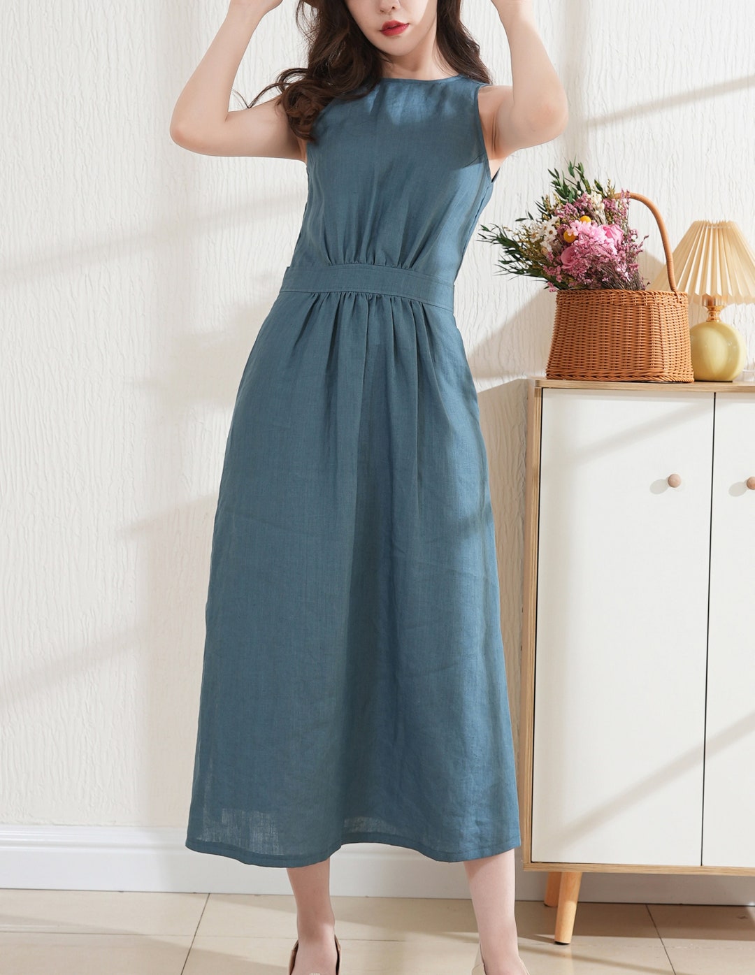 Teal Blue Linen Dress,long Linen Dress, Simple Linen Dress, Sleeveless ...