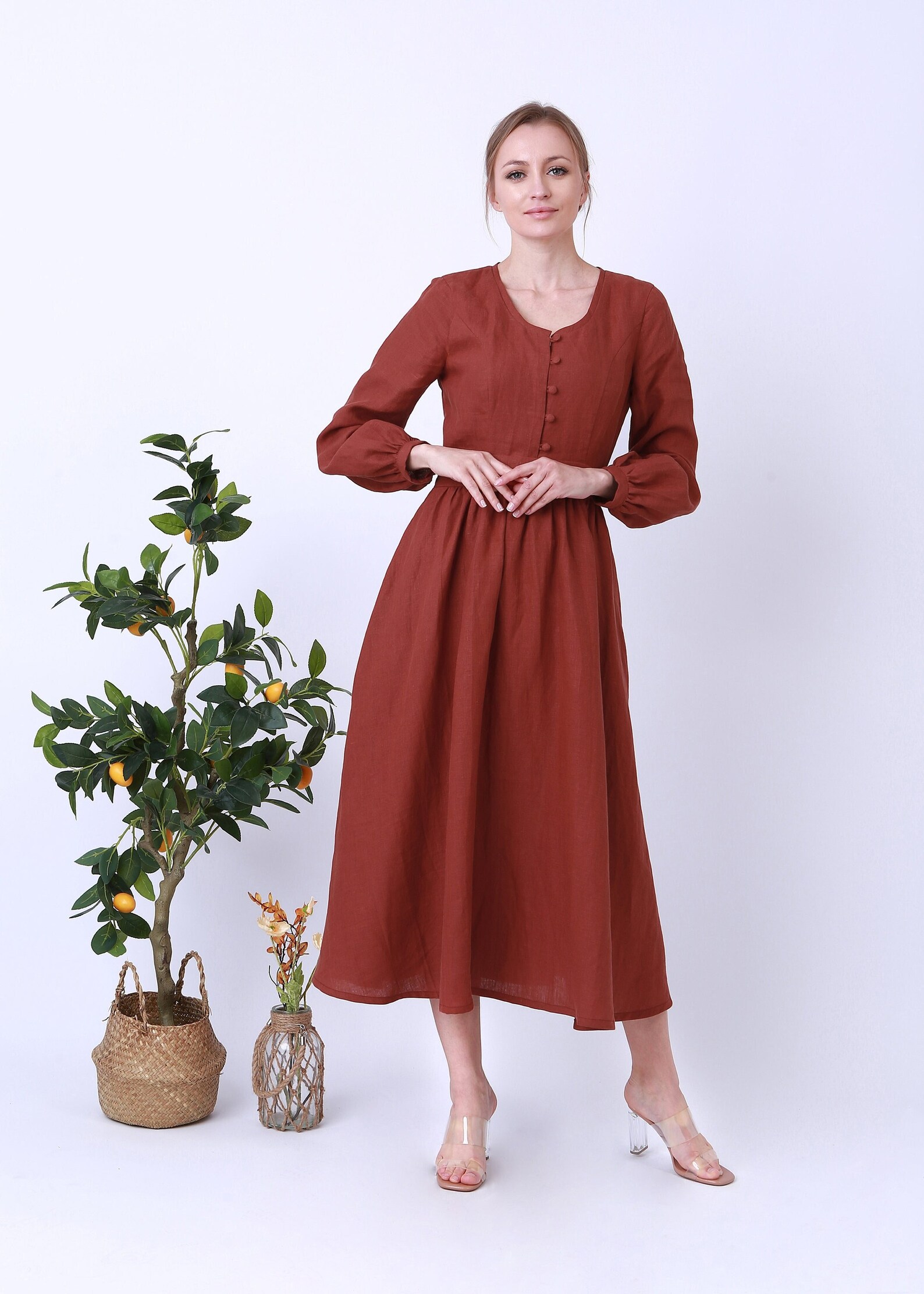 Rust Red Dress, Linen Long Dress,long Sleeve Dress With Pockets ...