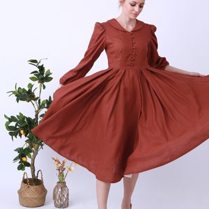 Rust Red Dress, Linen Long Dress, Long Sleeve Dress, Classic Linen ...