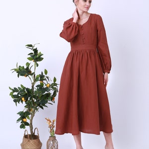 Rust Red Dress, Linen Long Dress,long Sleeve Dress With Pockets ...