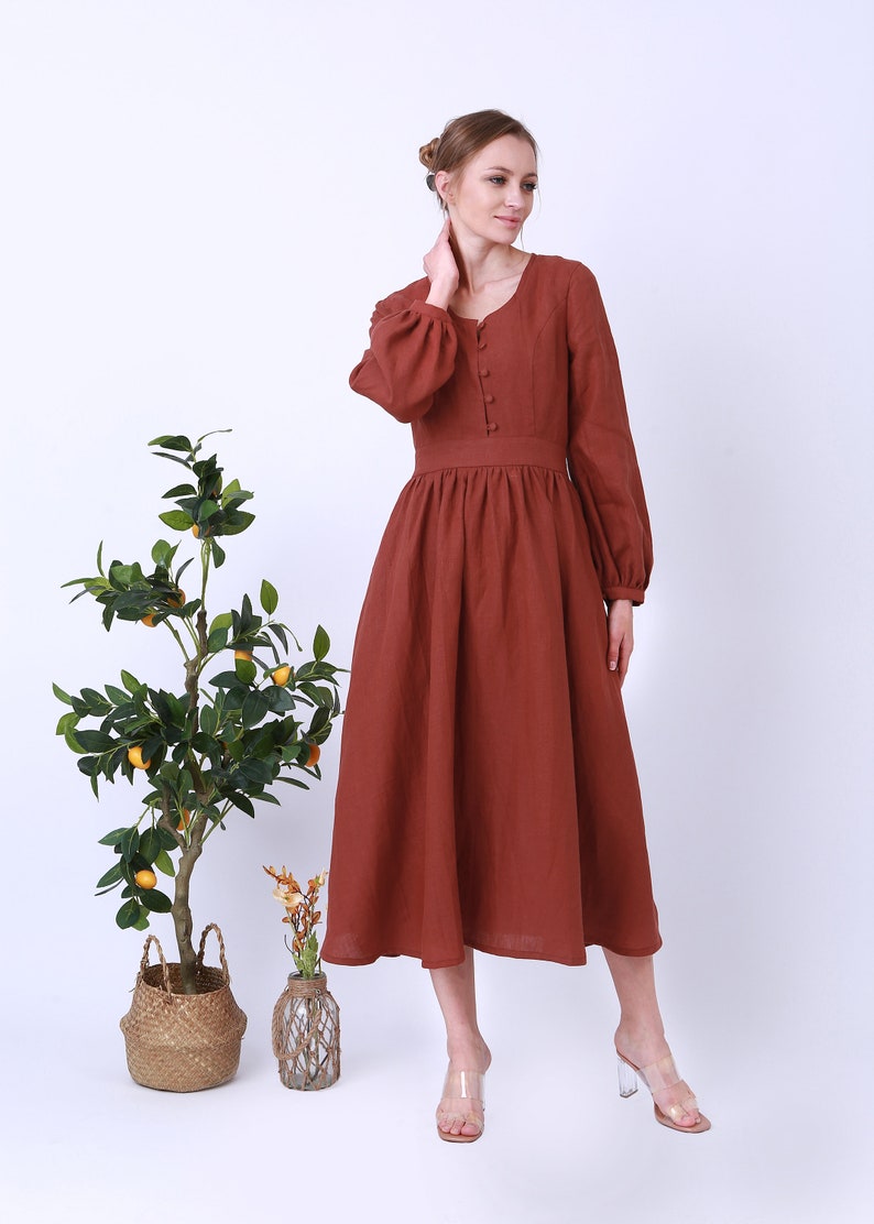 Rust Red Dress, Linen Long Dress,long Sleeve Dress With Pockets ...