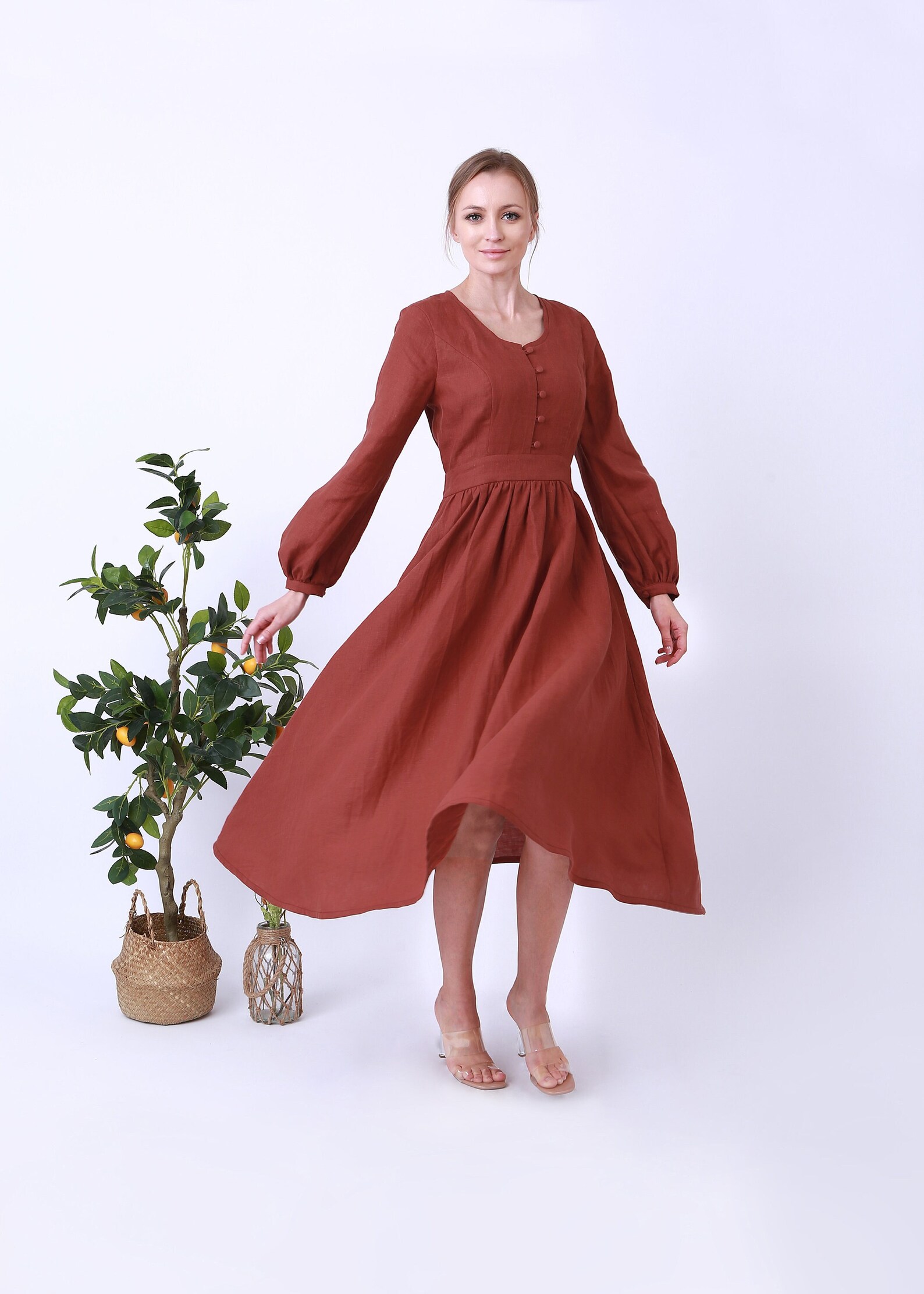 Rust Red Dress, Linen Long Dress,long Sleeve Dress With Pockets ...