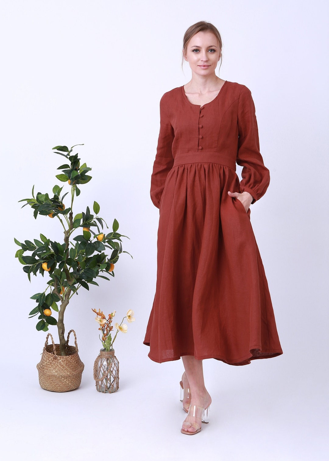 Rust Red Dress, Linen Long Dress,long Sleeve Dress With Pockets ...