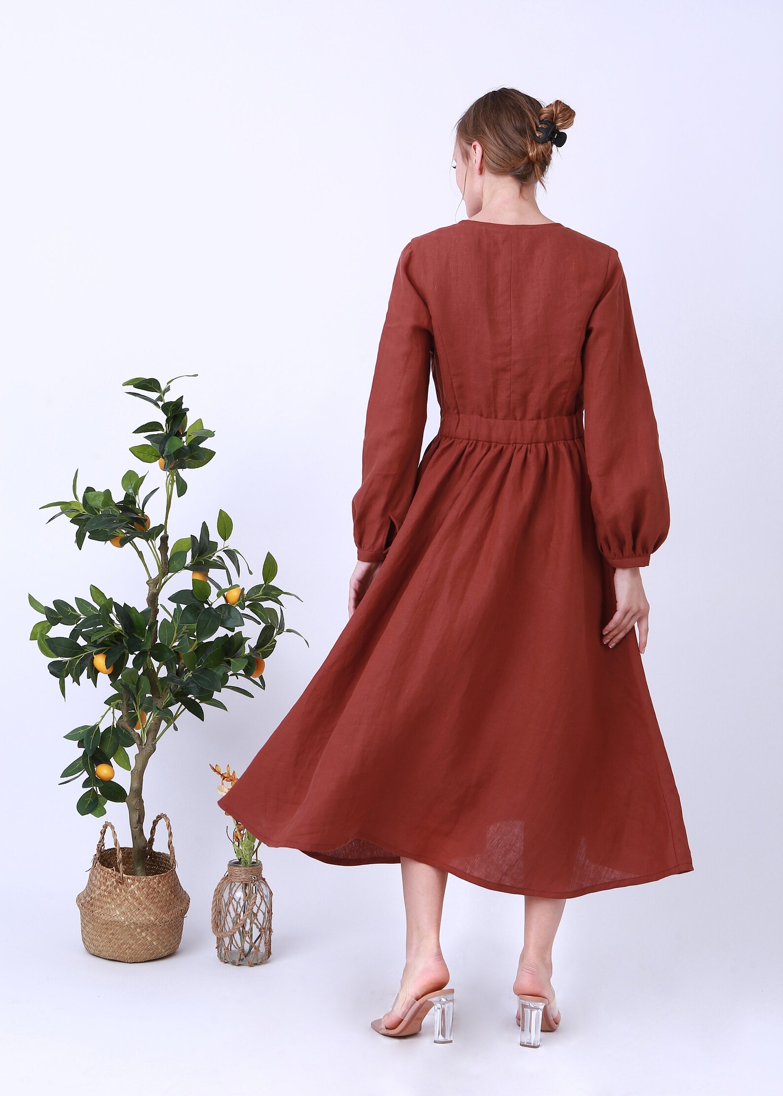 Rust Red Dress, Linen Long Dress,long Sleeve Dress With Pockets ...