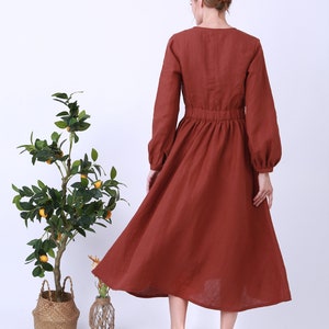 Rust Red Dress, Linen Long Dress,long Sleeve Dress With Pockets ...