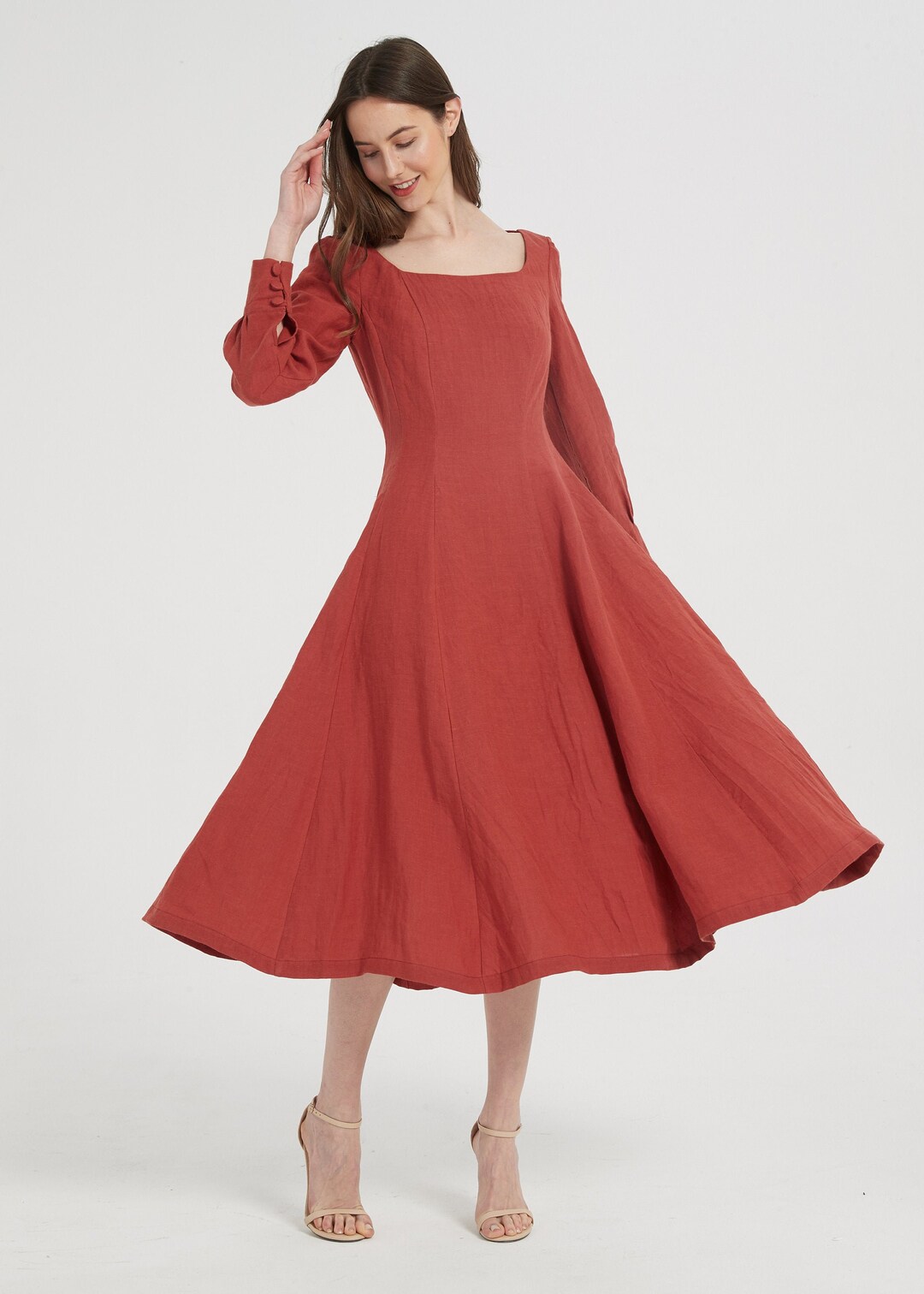 Rusty Red Linen Dress: Square Neck, Long Sleeve, Retro Style - Etsy