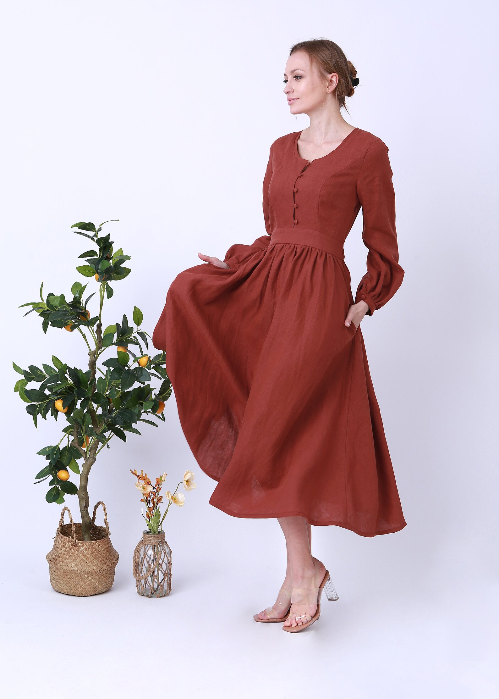 Rust Red Dress, Linen Long Dress,long Sleeve Dress With Pockets ...