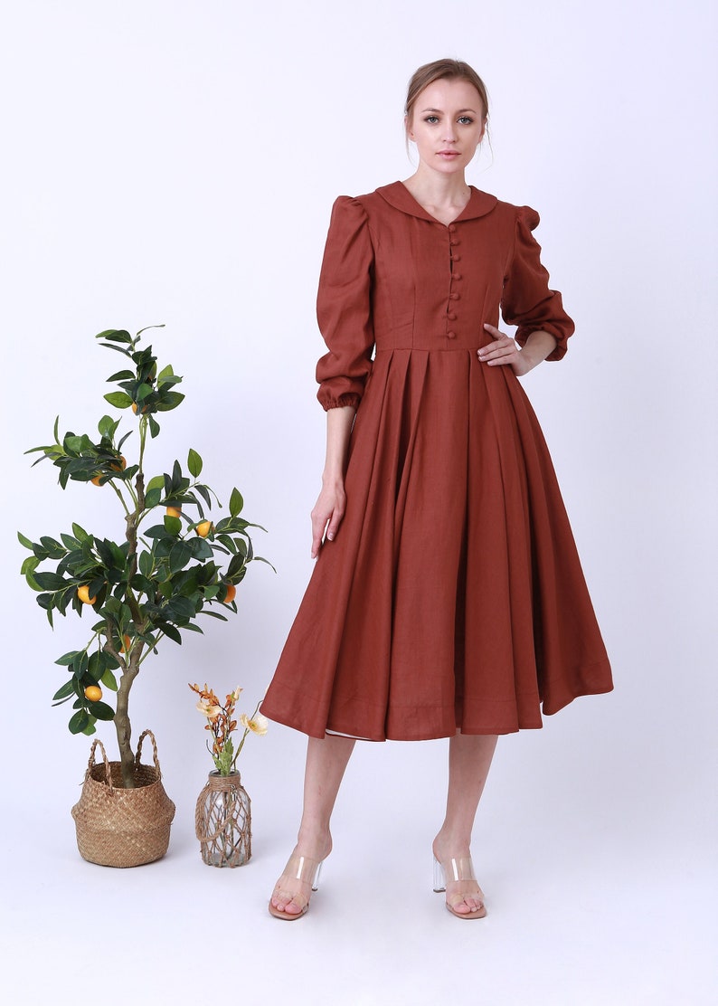 Rust Red Dress, Linen Long Dress, Long Sleeve Dress, Classic Linen ...