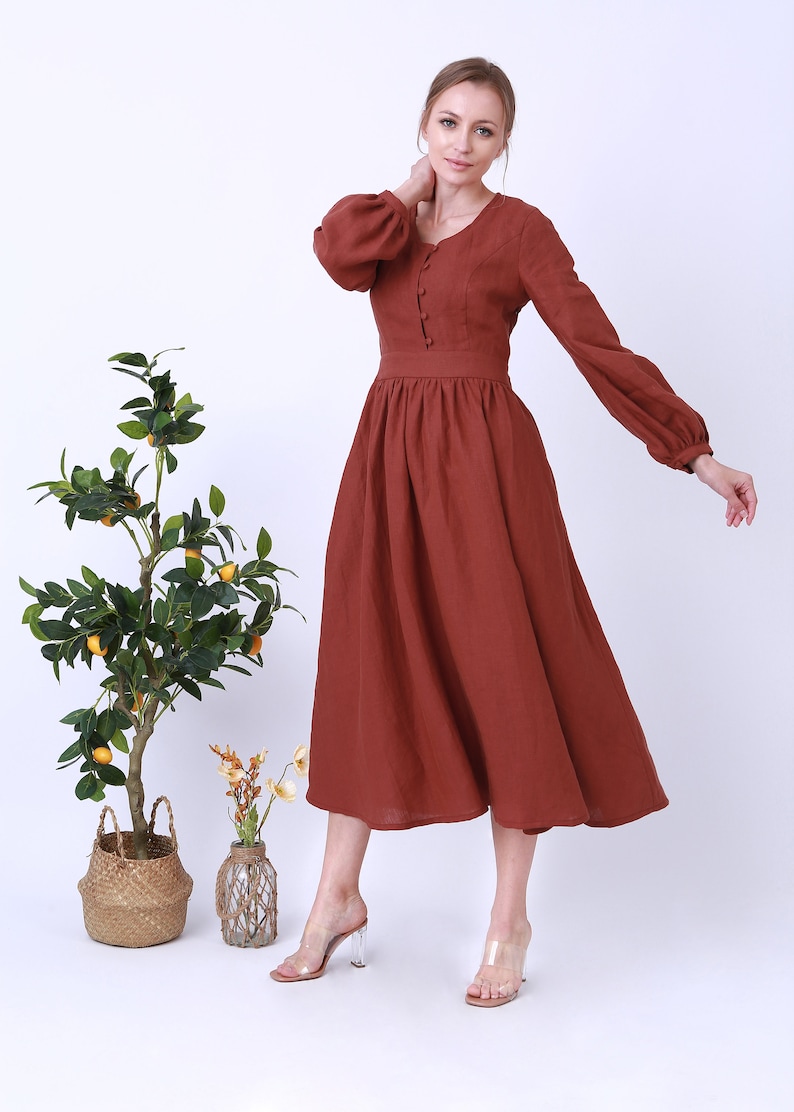 Rust Red Dress, Linen Long Dress,long Sleeve Dress With Pockets ...