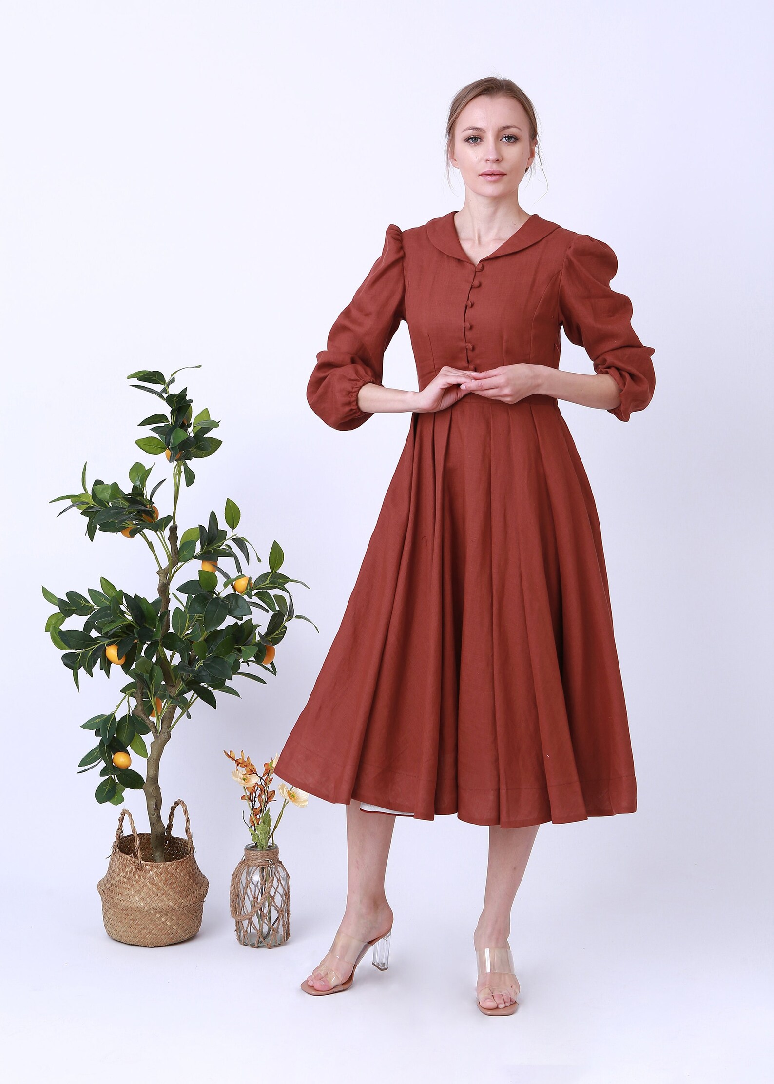 Rust Red Dress, Linen Long Dress, Long Sleeve Dress, Classic Linen ...