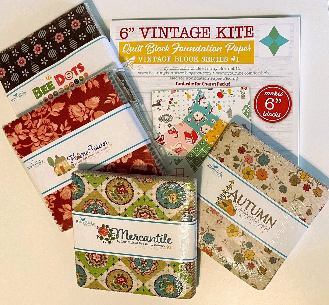 6" VINTAGE KITE Quilt Block Foundation Paper WITH One 5" Stacker... Bee Dots, Hometown ...