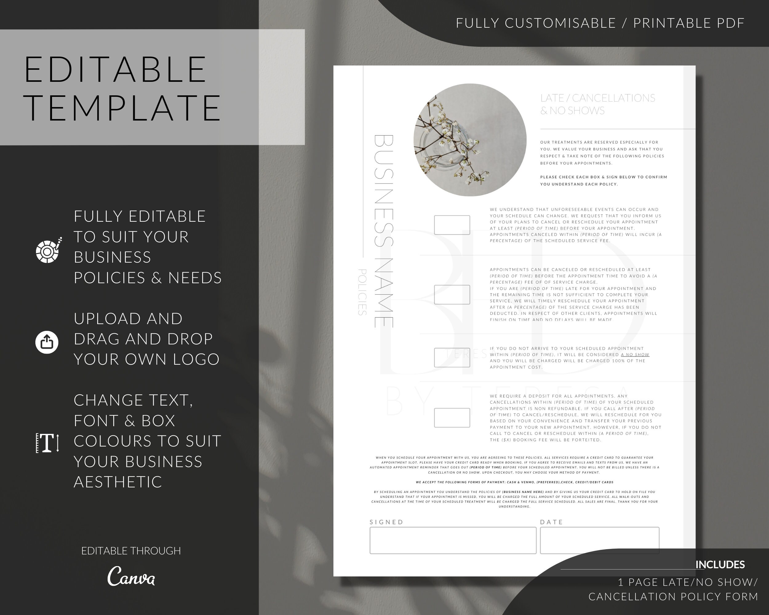 EDITABLE Salon Policy Form for Estheticians & Beauty Businesses, Late ...