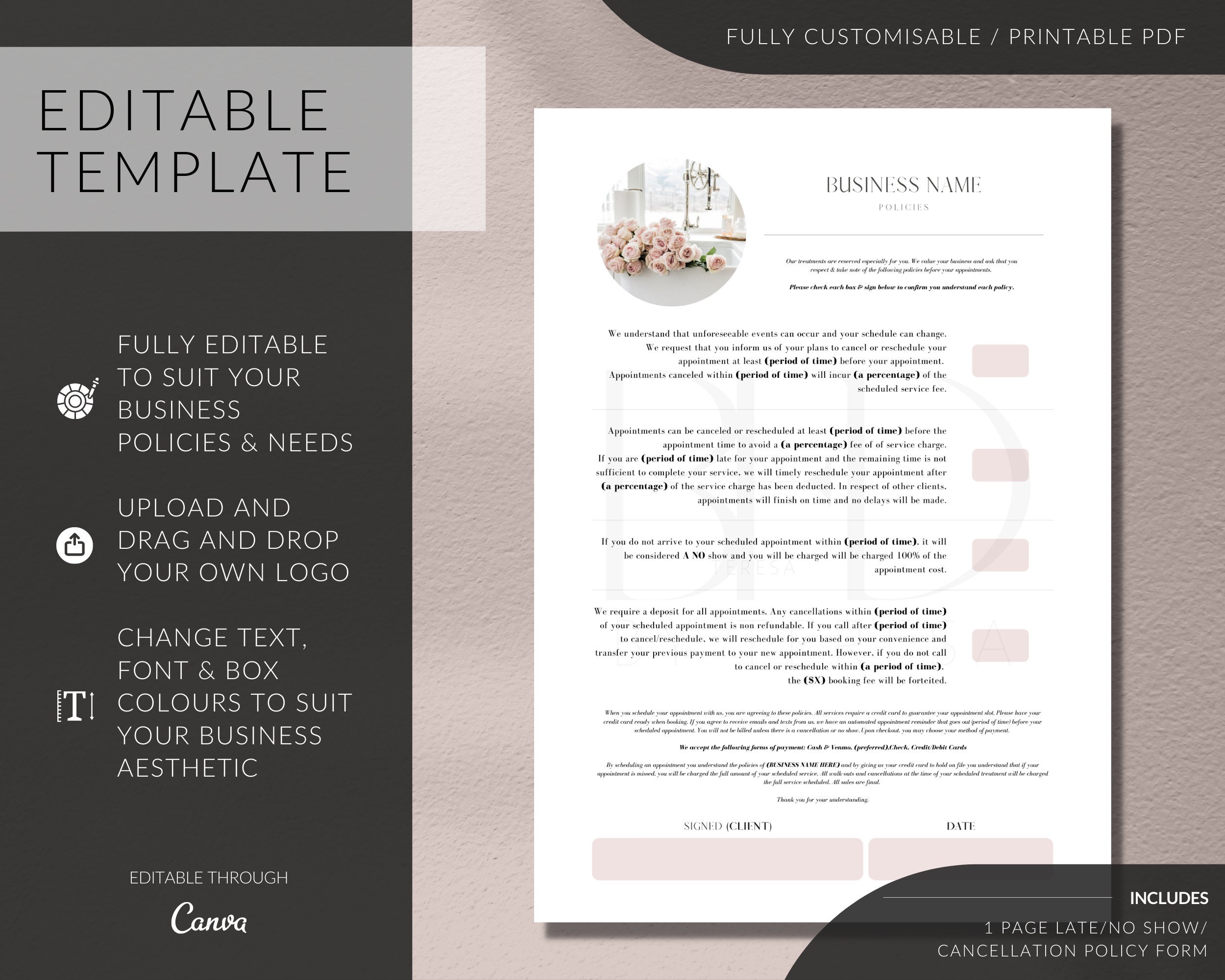 EDITABLE Salon Policy Form for Estheticians & Beauty Businesses, Late ...