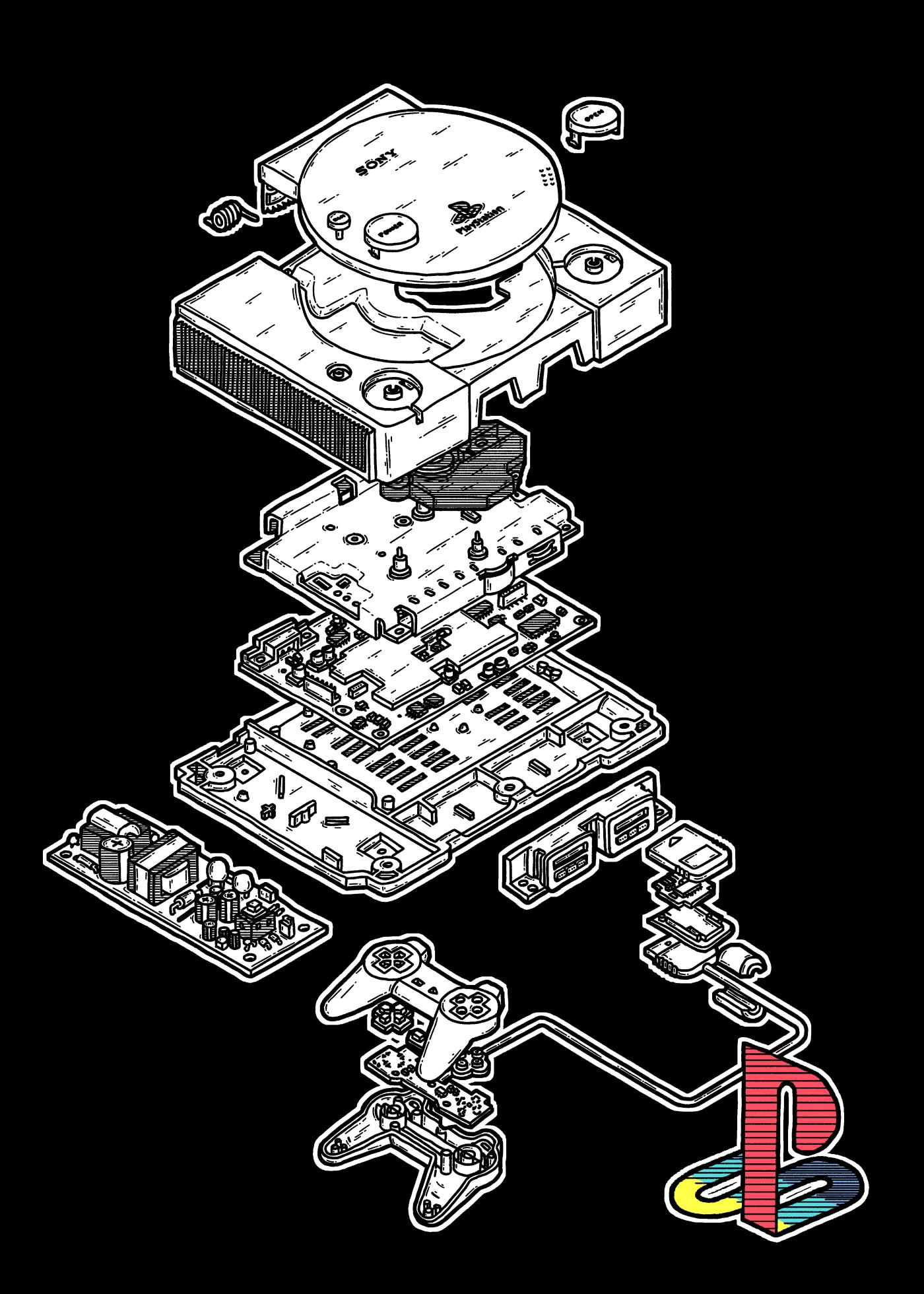 Exploded PS1 - Playstation Retro Gaming Console Isometric Art Print ...