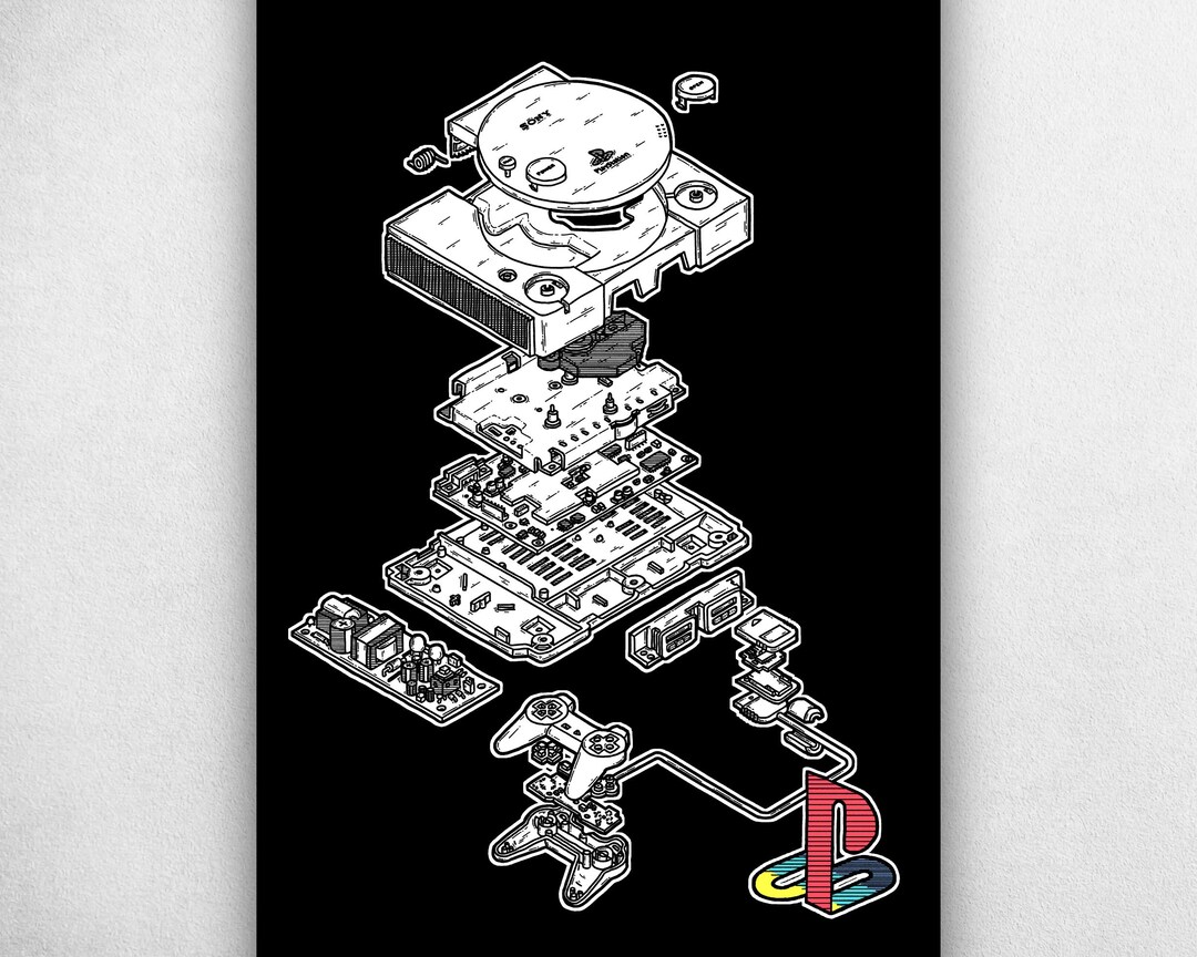 Exploded PS1 - Playstation Retro Gaming Console Isometric Art Print ...