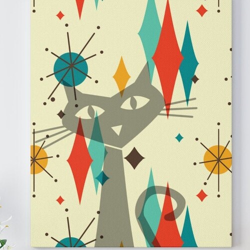 Atomic Cat Retro Wall Art White Black Mid Century Modern Etsy