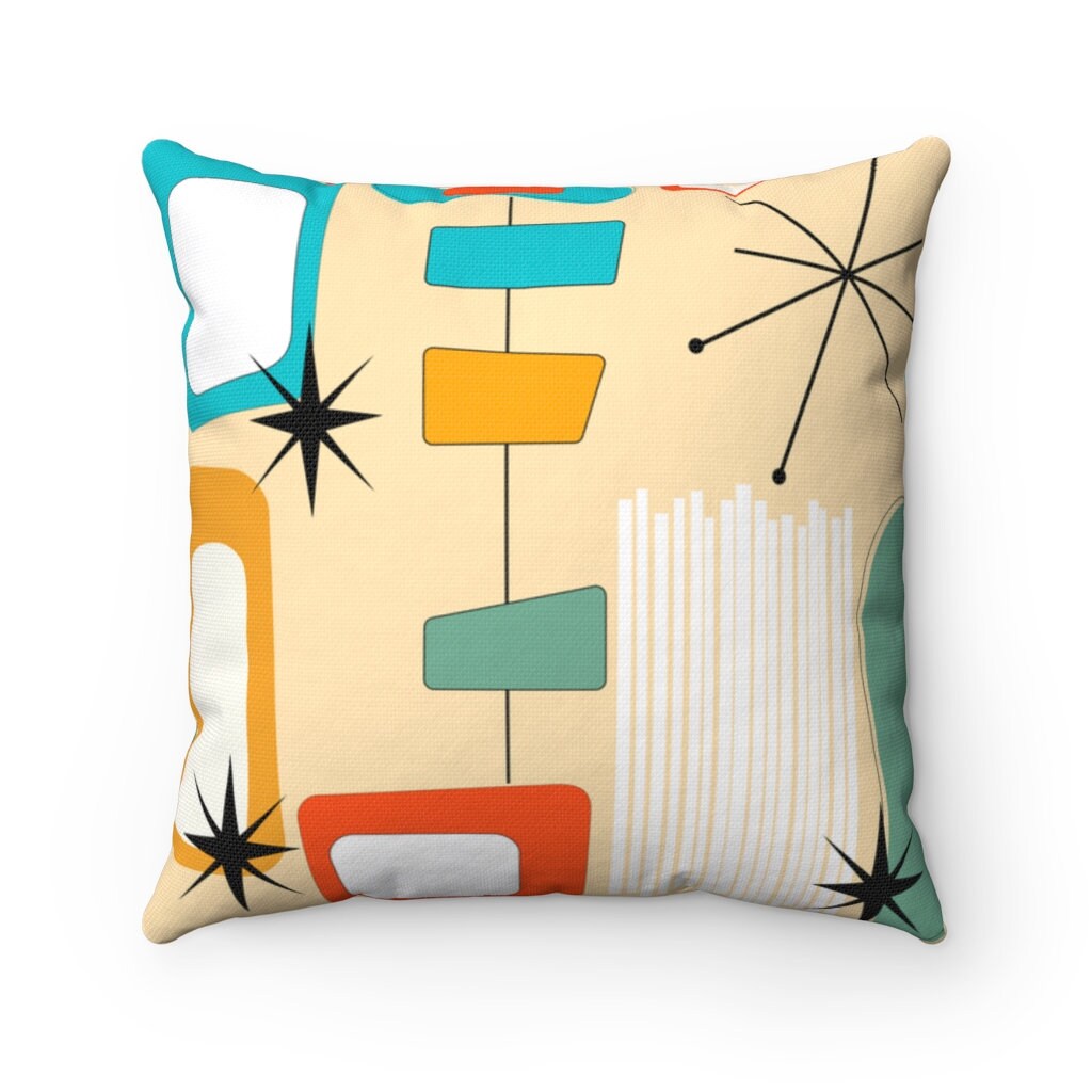 Mid Mod Retro Geometric Mid Century Designs Beige Aqua - Etsy