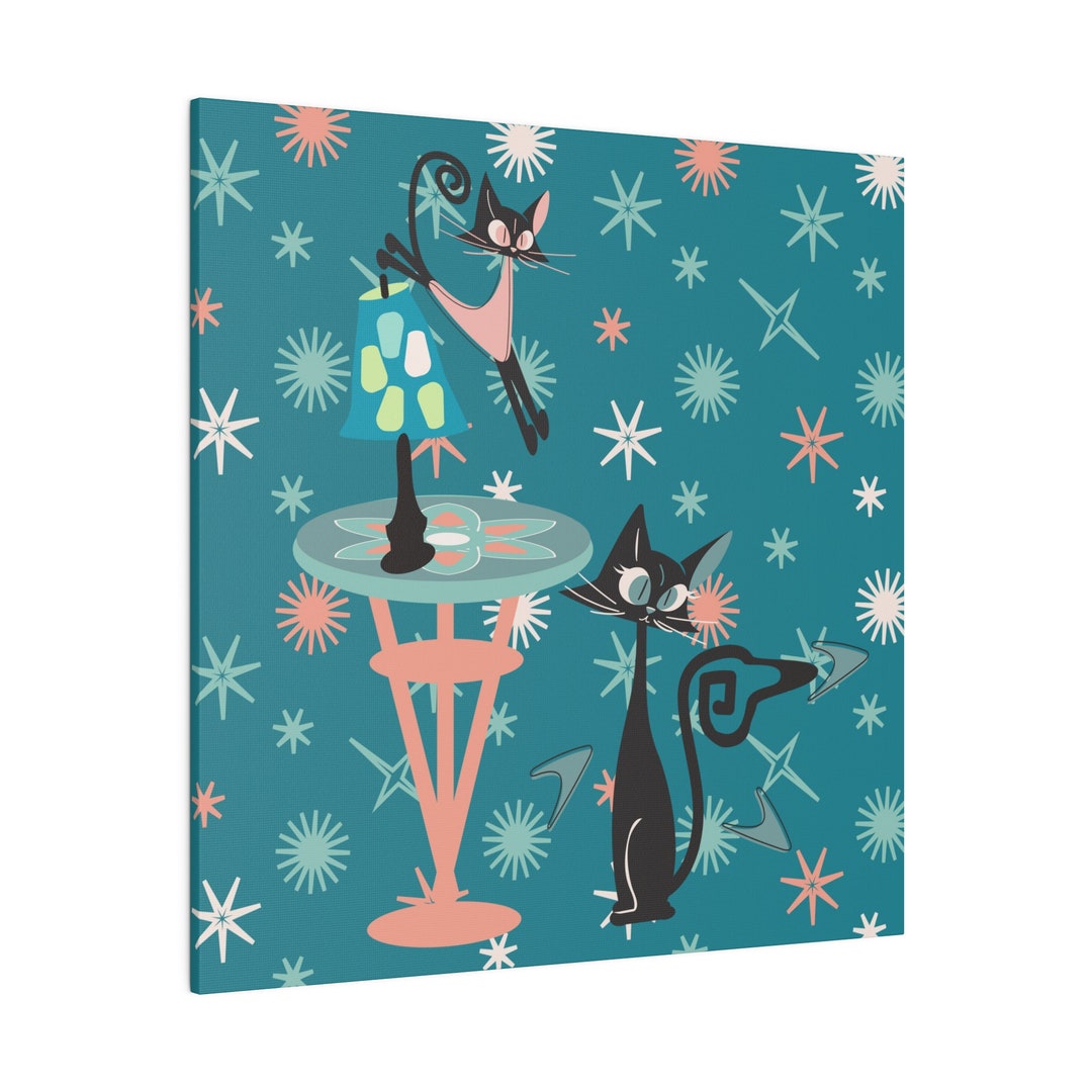 Crazy Atomic Cats, Cat Mom, Kitschy Mid Century Modern Teal Blue, Coral ...