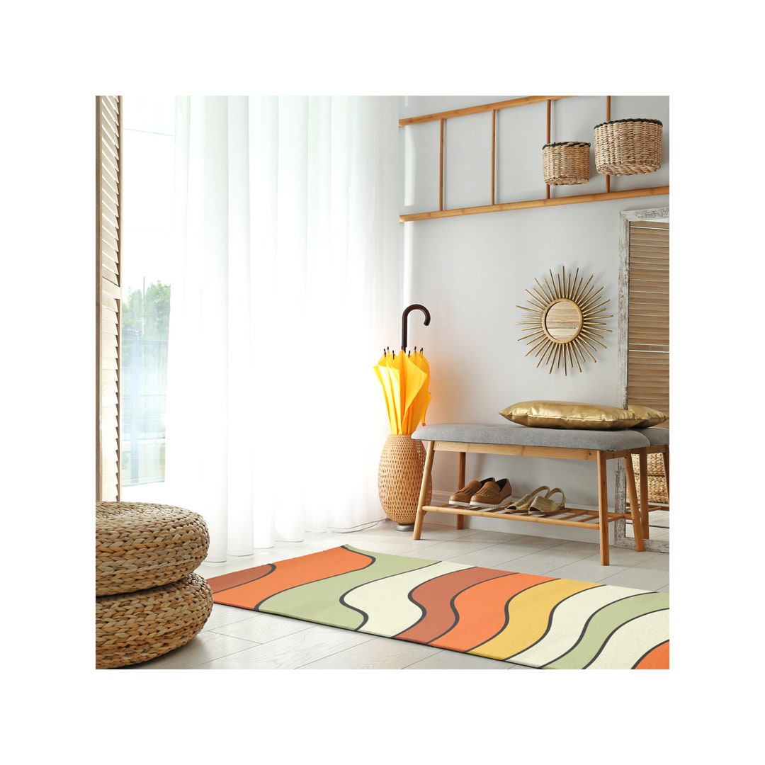 70's Retro Rug Runner Groovy Green Orange Beige Yellow - Etsy