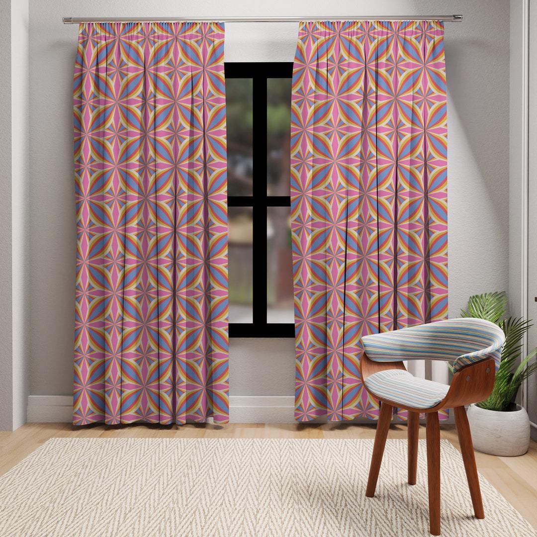 50s Atomic Mid Century Modern Window Curtain, 50s Pink, Blue, Geometric ...
