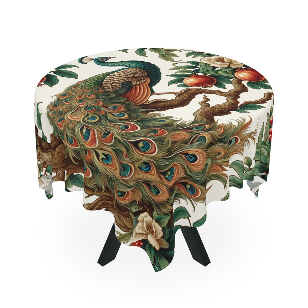 Asian Chinoiserie Peacock Floral Green Tablecloth, Vintage Roses on ...