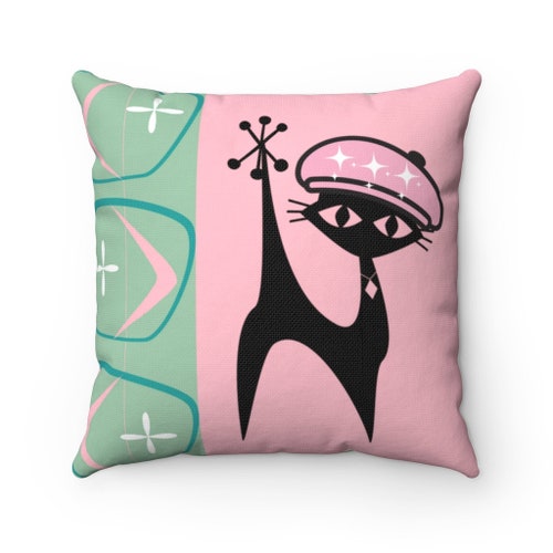 Atomic Black Cat Retro 50s Pink Mid Century Modern Mcm Home Etsy