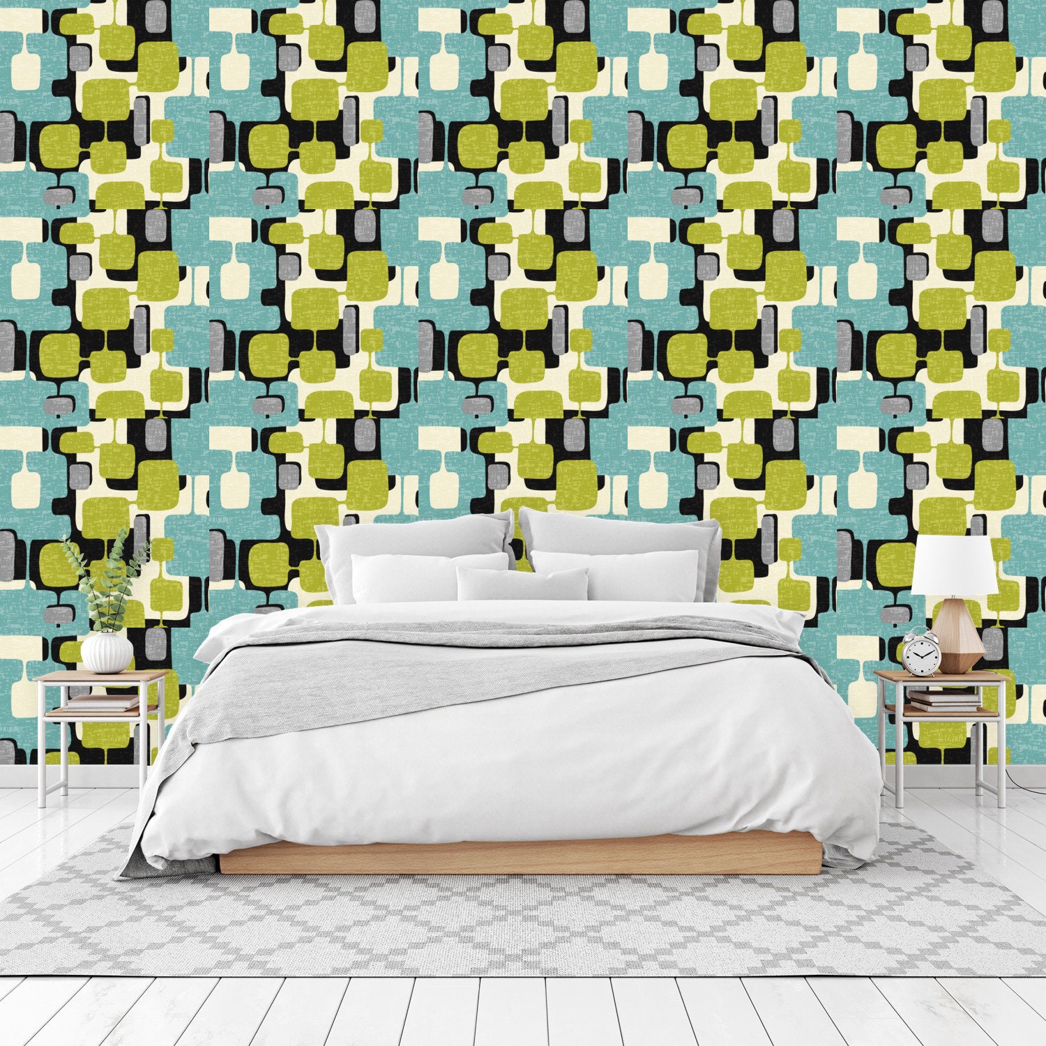 Mid Century Modern Wallpaper Geometric Aqua Blue Lime - Etsy