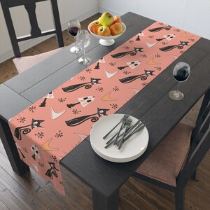 Atomic Cat Table Runner, Coral, Black Kitties, White Boomerang Pattern ...