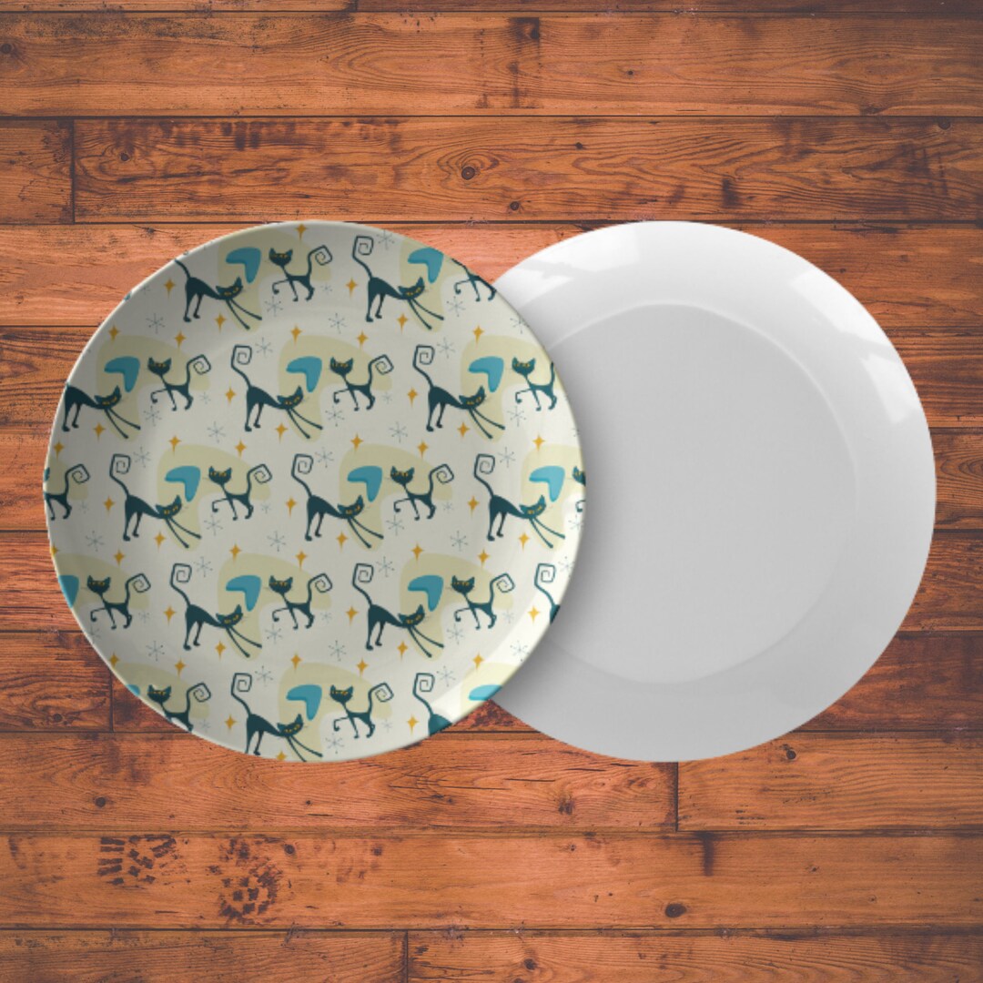 Atomic Cat Retro Dinner Plates, Kitschy Cream, Blue Boomerang Mid ...