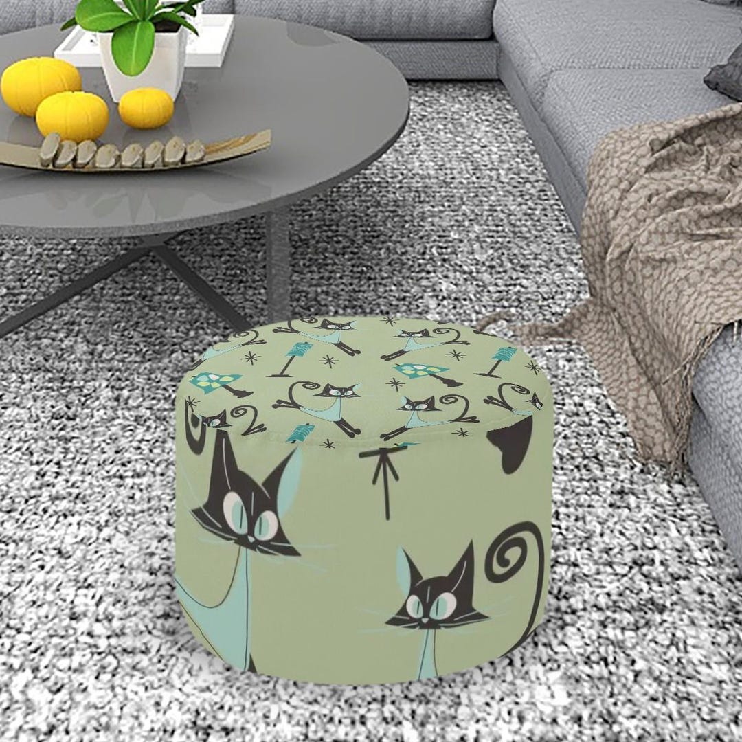 Atomic Cat Mid Century Modern Round Pouf Ottoma, Green Aqua Kitschy ...
