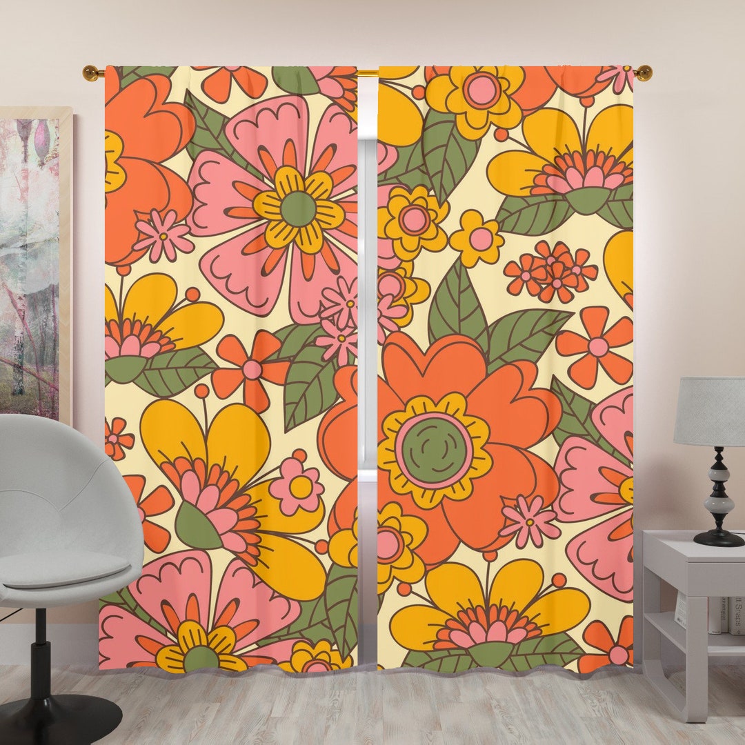 70s Vintage Inspired Curtains, Bold Floral Mid Mod Retro, Orange, Green ...