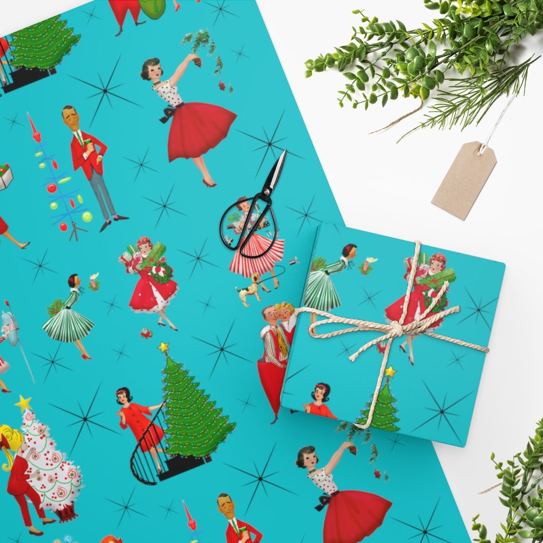Mid Century Modern Atomic 50's Christmas Wrapping Paper, Aqua Blue ...