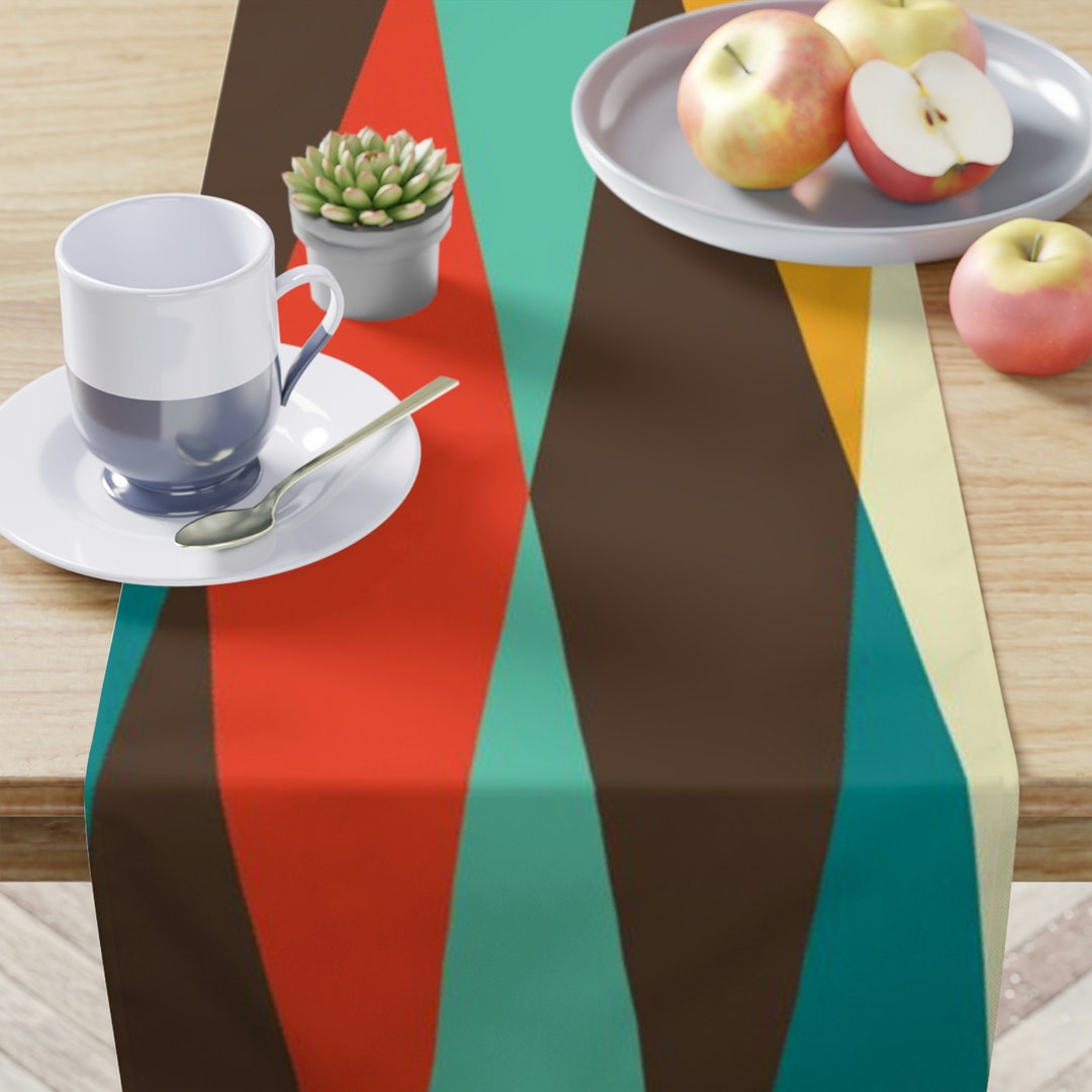 Mid Century Modern Geometric Retro Table Runner, Chocolate Brown, Teal ...