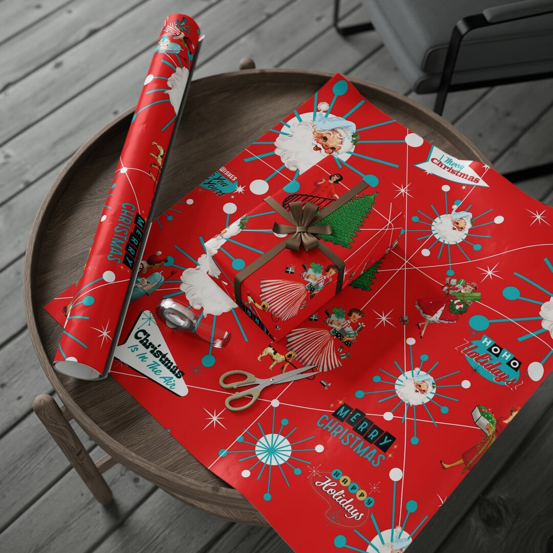 Mid Century Modern Christmas Wrapping Paper1950's Smiling Santa, Red ...
