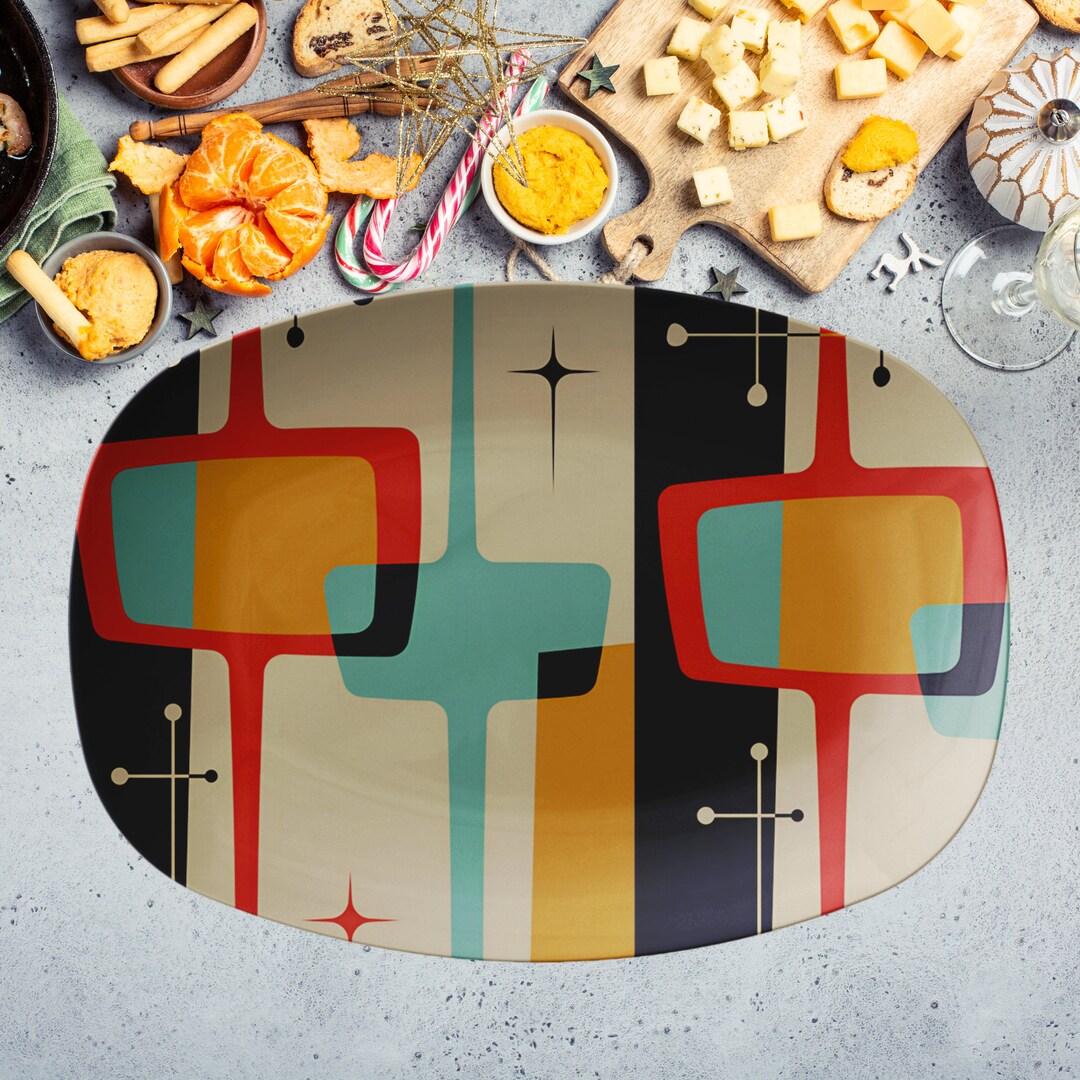 Mid Century Modern Dinner Platter, Geometric Slate Gray, Beige, Mustard ...